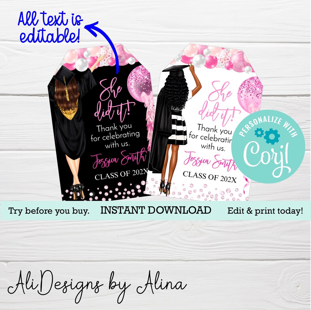 Graduation Favor Tag, EDITABLE Template, Senior Graduate, She Did It ...