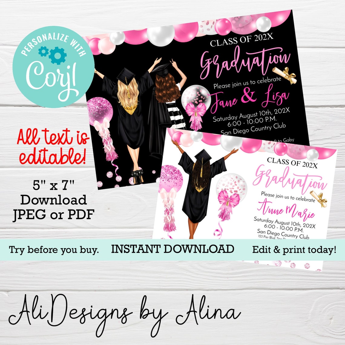 Hot Pink Graduation Party Invitation EDITABLE Template Class - Etsy