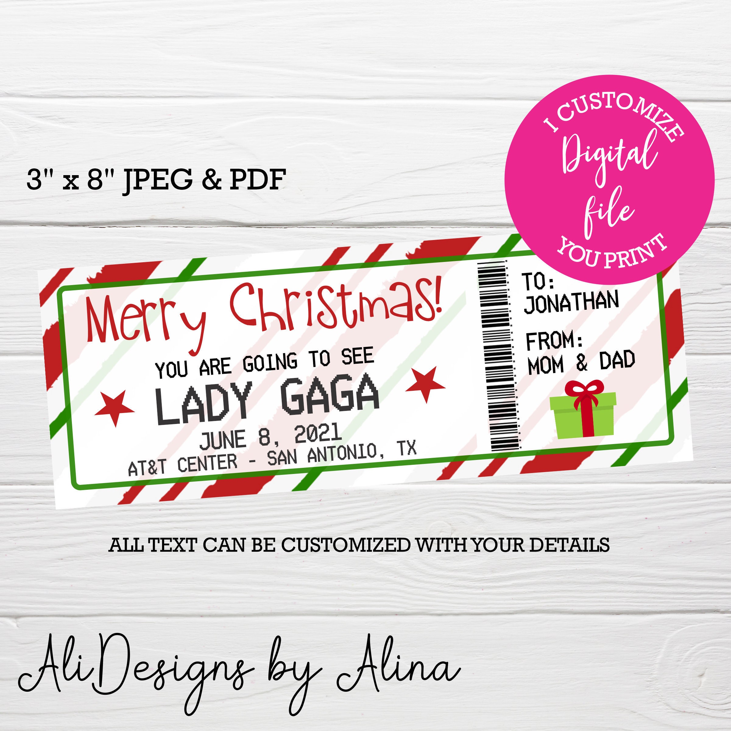 Concert Ticket Christmas Gift Show Ticket Present Printable Etsy