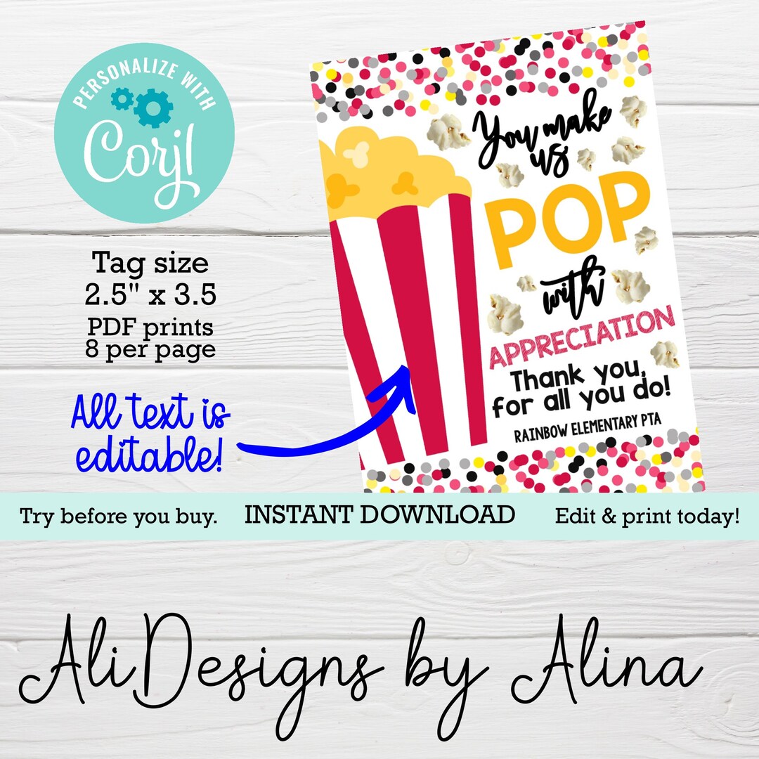 You Make Us Pop With Appreciation, EDITABLE Tag, Teacher Week, Nurse ...
