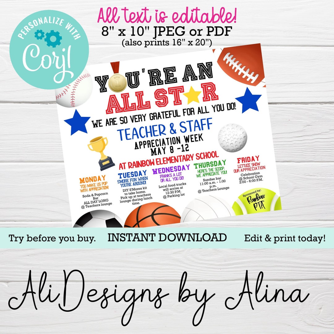 Teacher Week Flyer, Itinerary of Events, Printable Calendar, You Are an ...