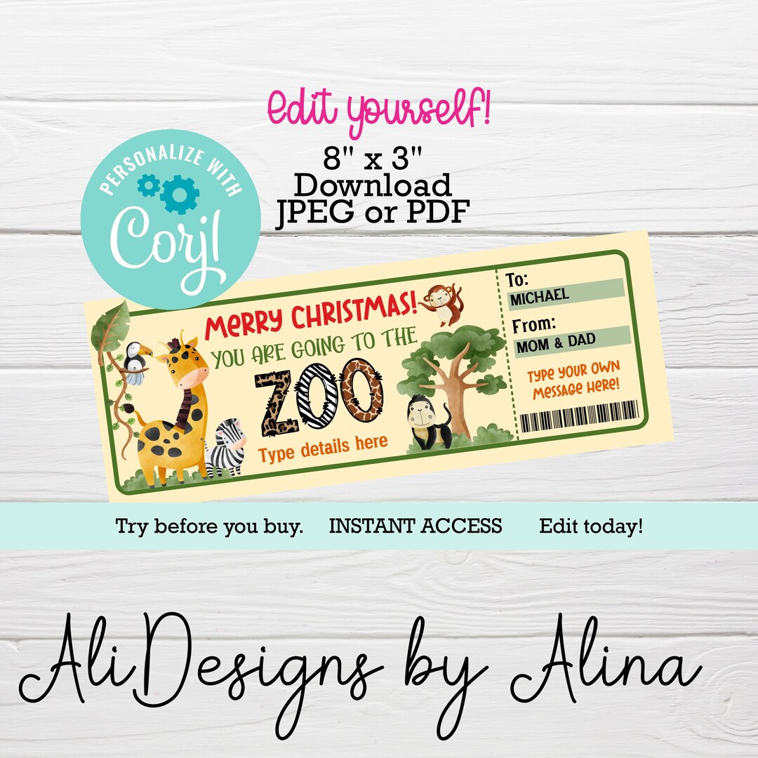 Zoo Admission Ticket EDITABLE Template, Christmas Gift Voucher, Gift ...