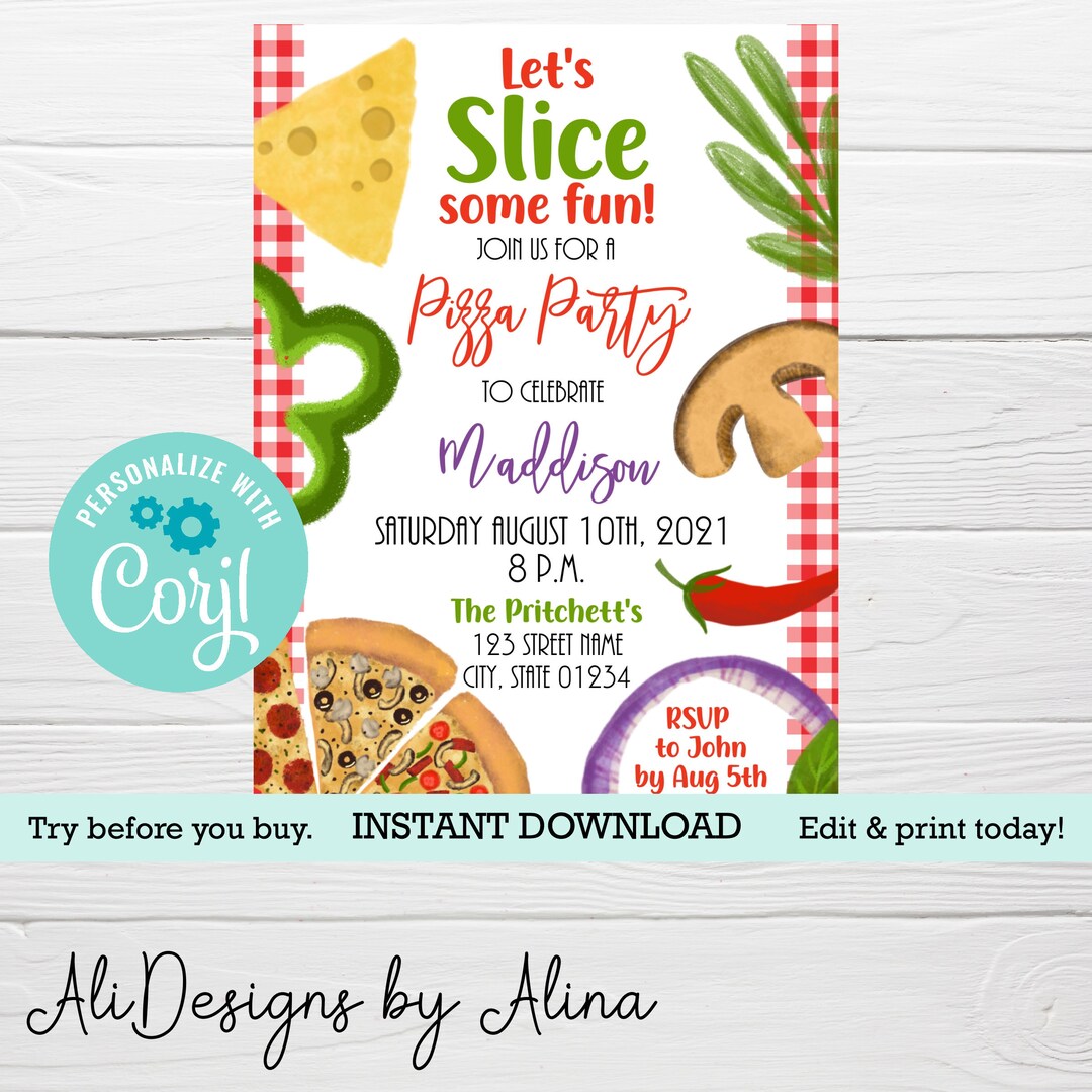 Pizza Party Invitation: Editable Template, Fun Slice Design (digital ...