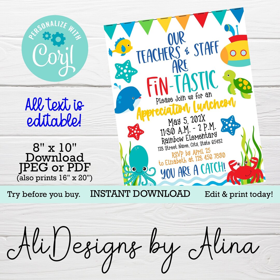 Fintastic Staff Luncheon Invitation, Our Teachers Are a Catch, EDITABLE ...