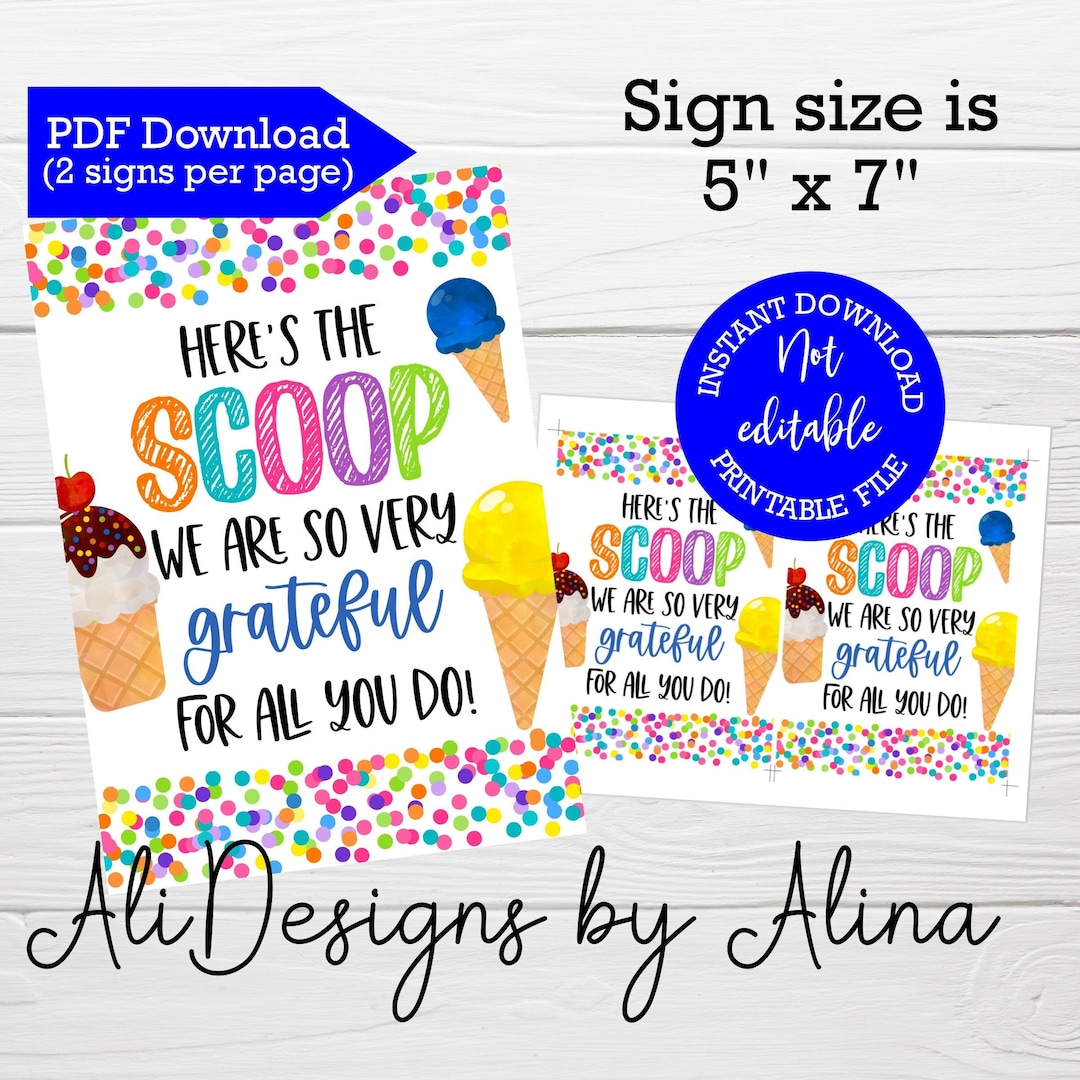 Ice Cream Appreciation Card, Here's the Scoop, PRINTABLE Sign, Instant ...