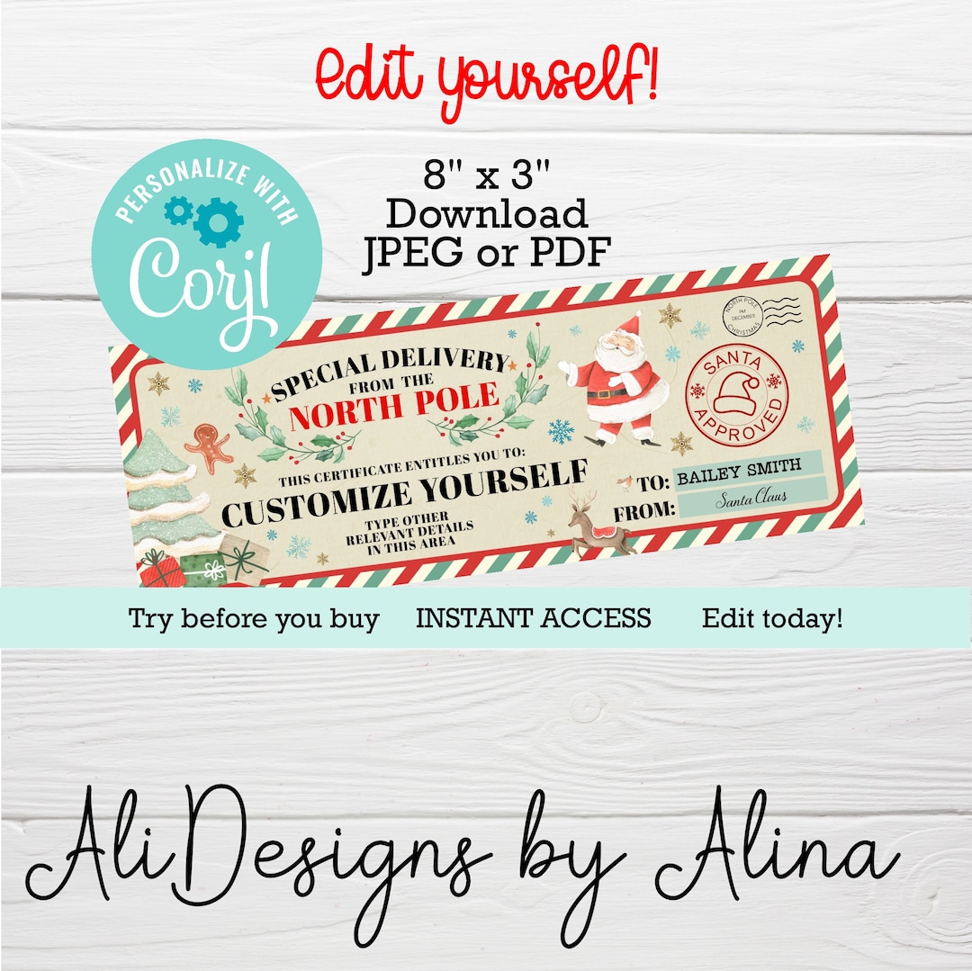 Special Delivery From North Pole Gift Certificate From Santa, Gift ...