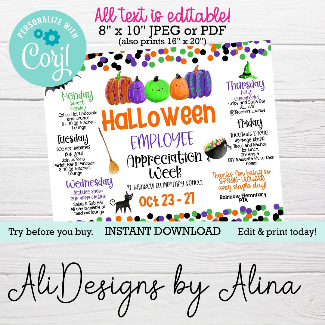 Halloween Employee Appreciation Week Itinerary, Editable Calendar ...