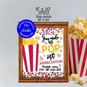 Popcorn Bar PRINTABLE Sign, Teacher Week, Nurse Appreciation, Thank You ...