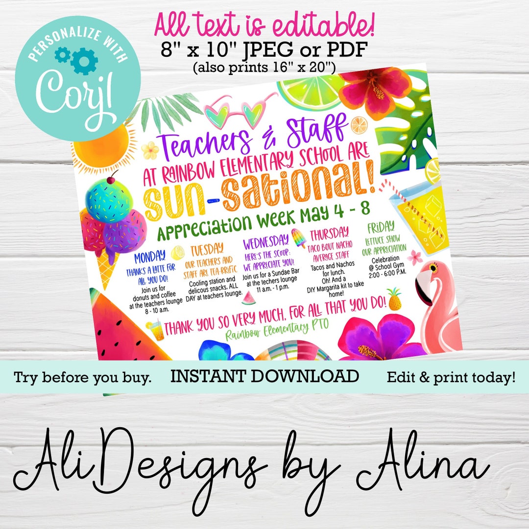 Sunsational Teachers and Staff Appreciation Week Itinerary, Editable ...