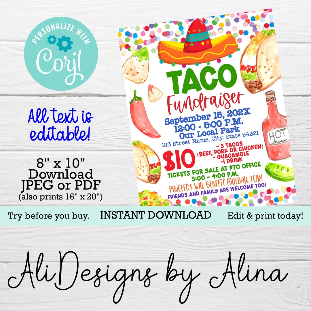 Taco Fundraiser Flyer, PRINTABLE Poster, Mexican Fiesta Fundraiser, PTA ...