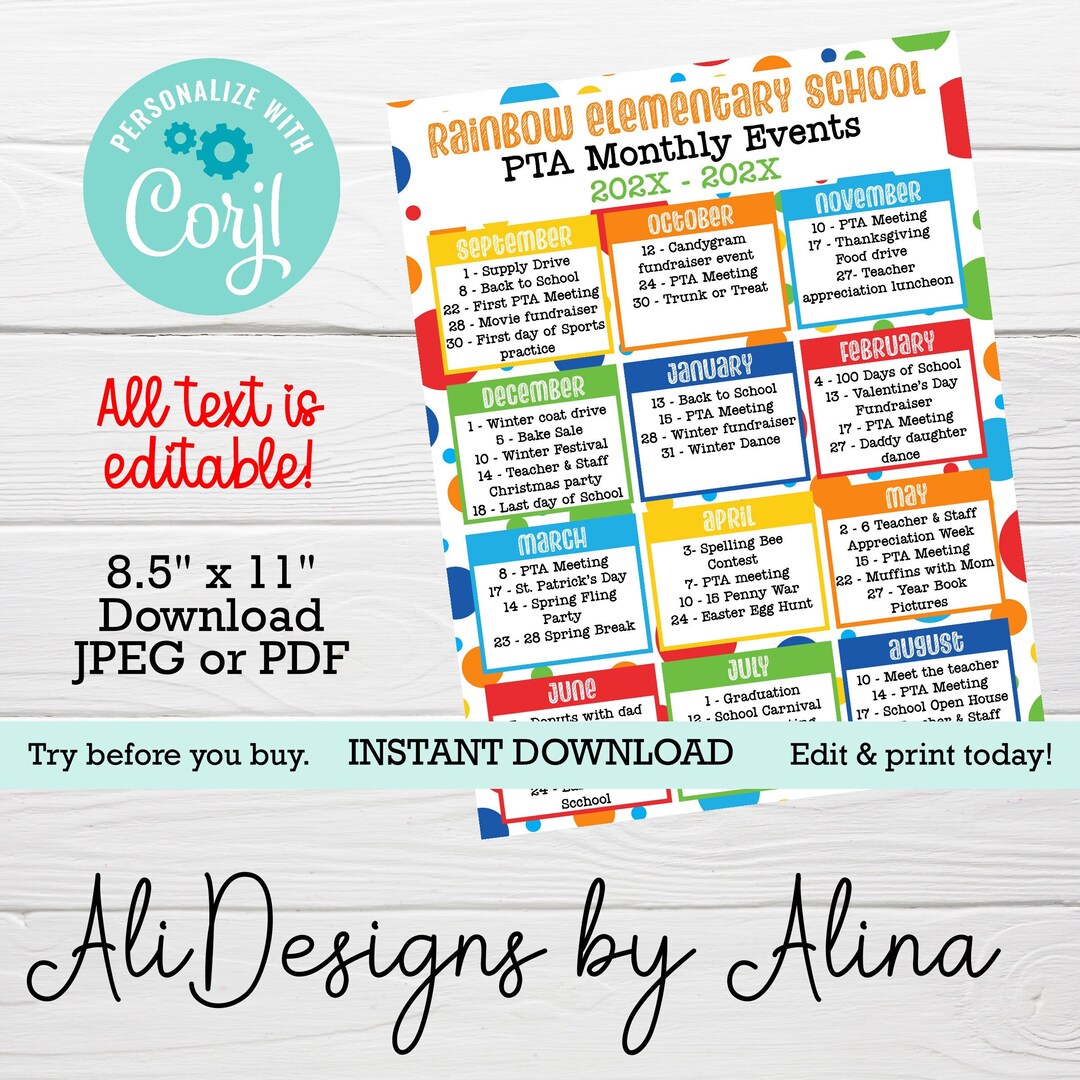 Editable PTA PTO Monthly Events Calendar, Instant Download, Seasonal ...