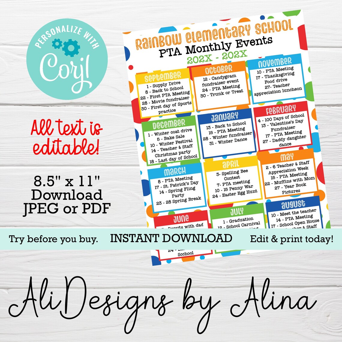 Editable PTA PTO Monthly Events Calendar Instant Download - Etsy