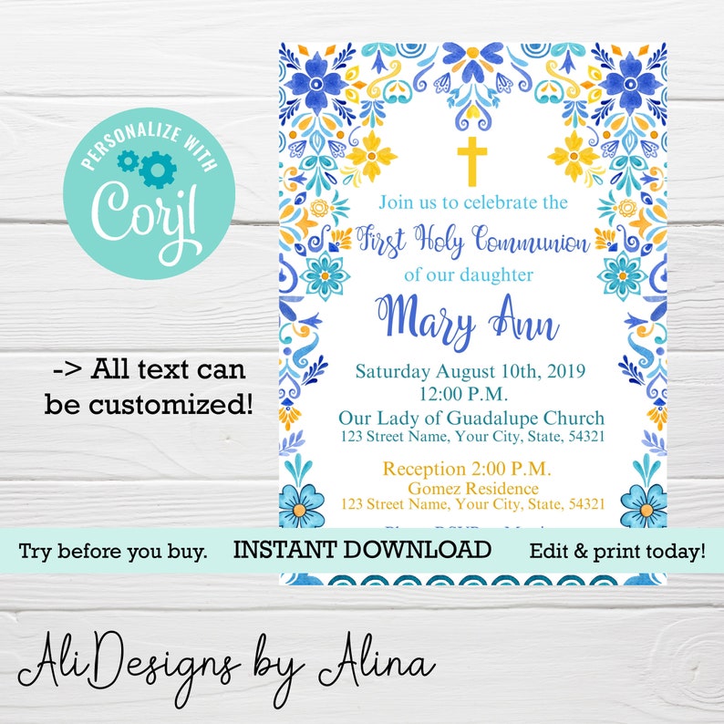 First Holy Communion EDITABLE Invitation Mexican Inspired | Etsy