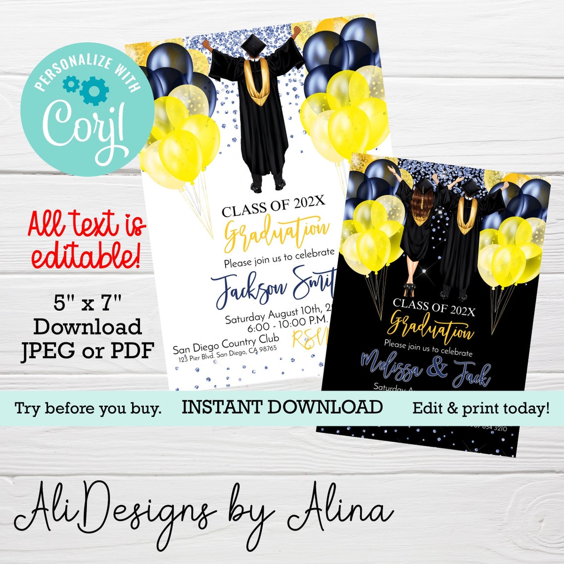 Navy and Yellow Graduation Party Invitation College - Etsy
