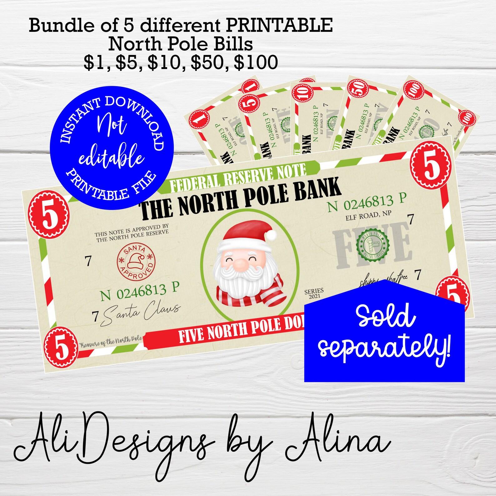 Santa Money FIVE dollar bill PRINTABLE Elf dollars Holiday | Etsy