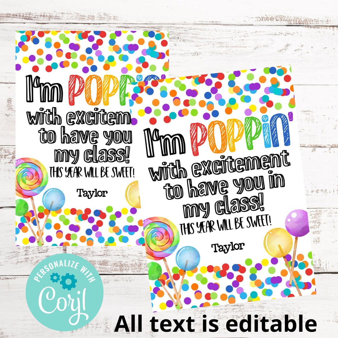 Poppin With Excitement" Lollipop Gift Tag | Editable School Favor Tags ...