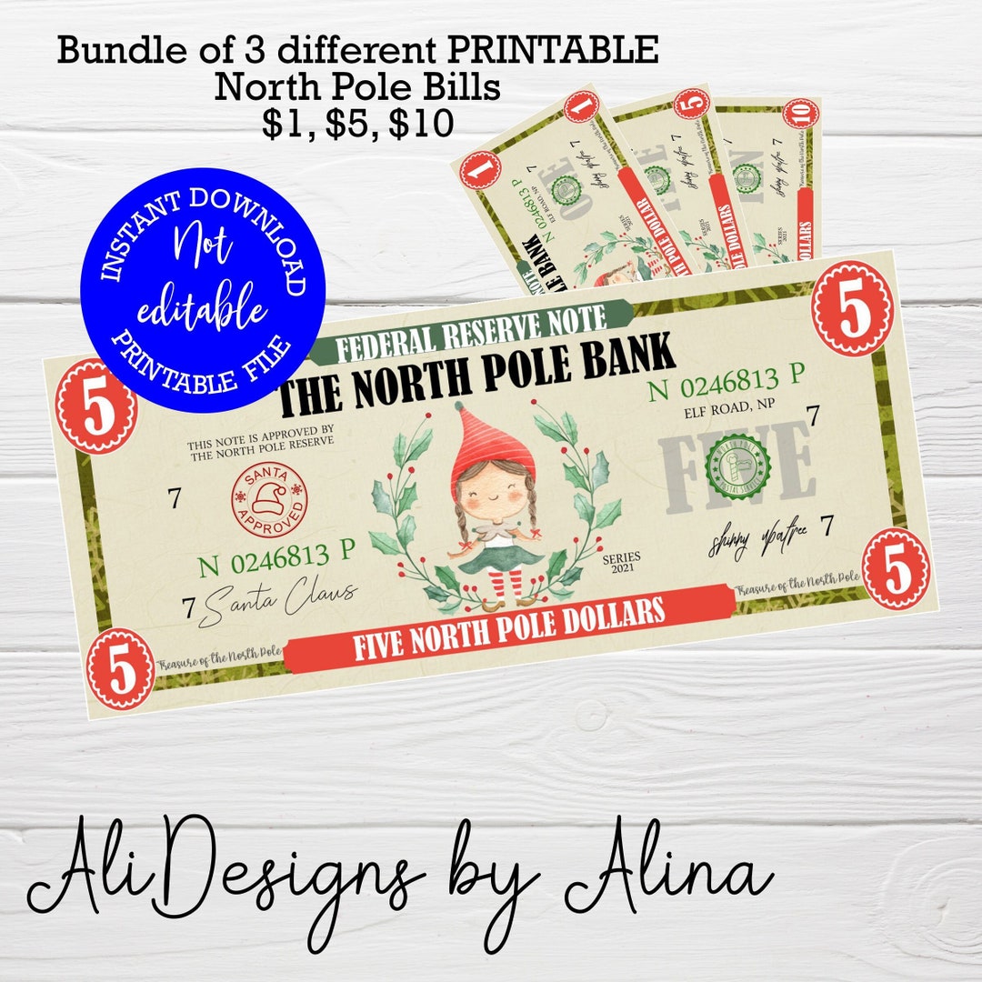 North Pole PRINTABLE Bills, Elf Reward Tickets, Girl Elf Bucks, Santa ...