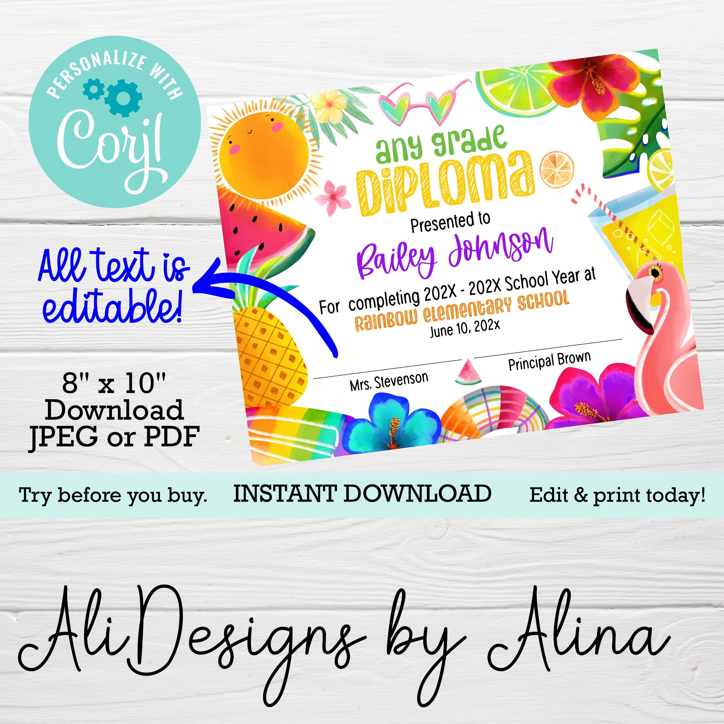 Tropical Diploma Template, Editable Graduation Award (digital Download ...