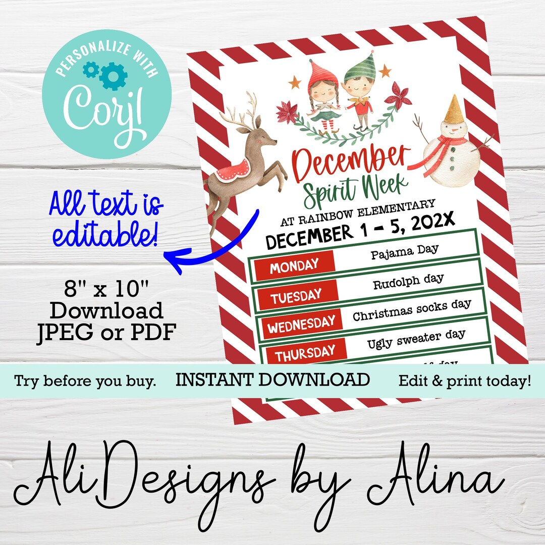 December Spirit Week Planner, Itinerary of Events, Christmas Planner ...