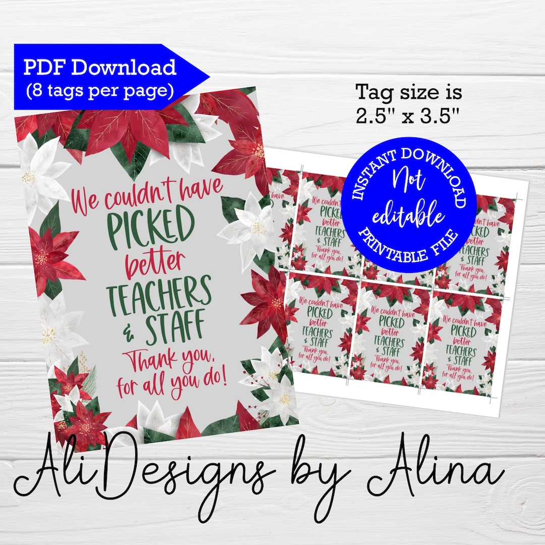 Poinsettia Gift Tags, Teachers Staff Christmas Gift PRINTABLE Tags ...