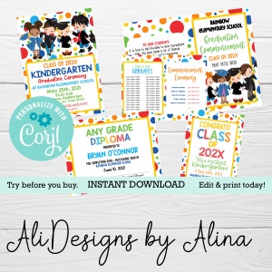 Kids Graduation PRINTABLE Invitation, EDITABLE Bundle, Diploma ...