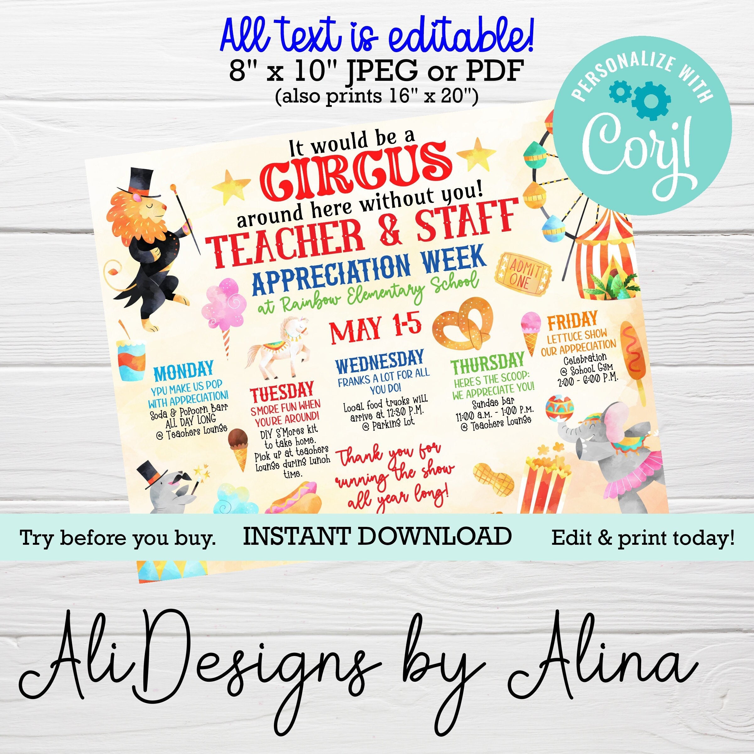Circus Teacher Appreciation Calendar, Itinerary of Events, EDITABLE ...