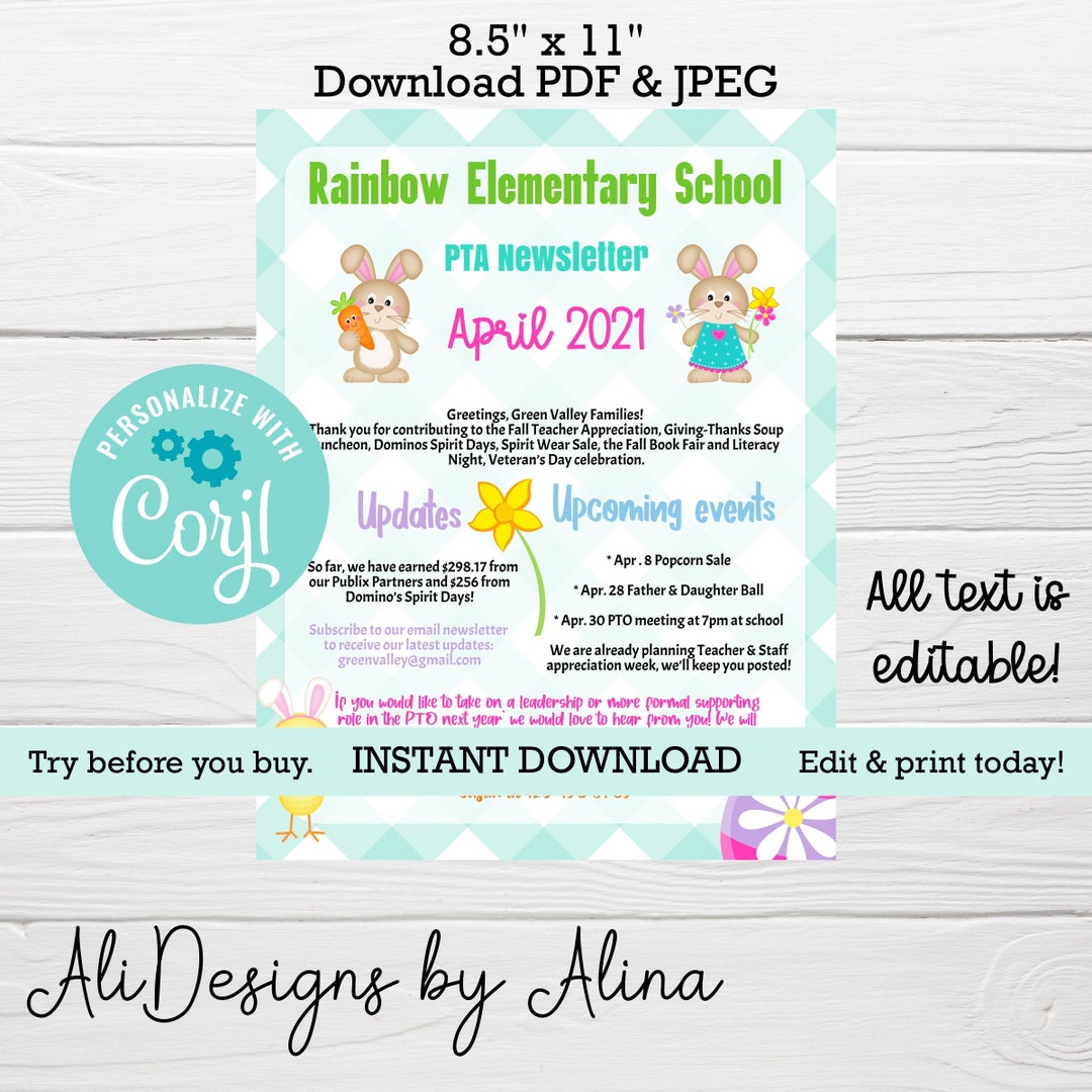 April Editable Newsletter, Easter Inspired, PTA PTO Handout Flyer ...