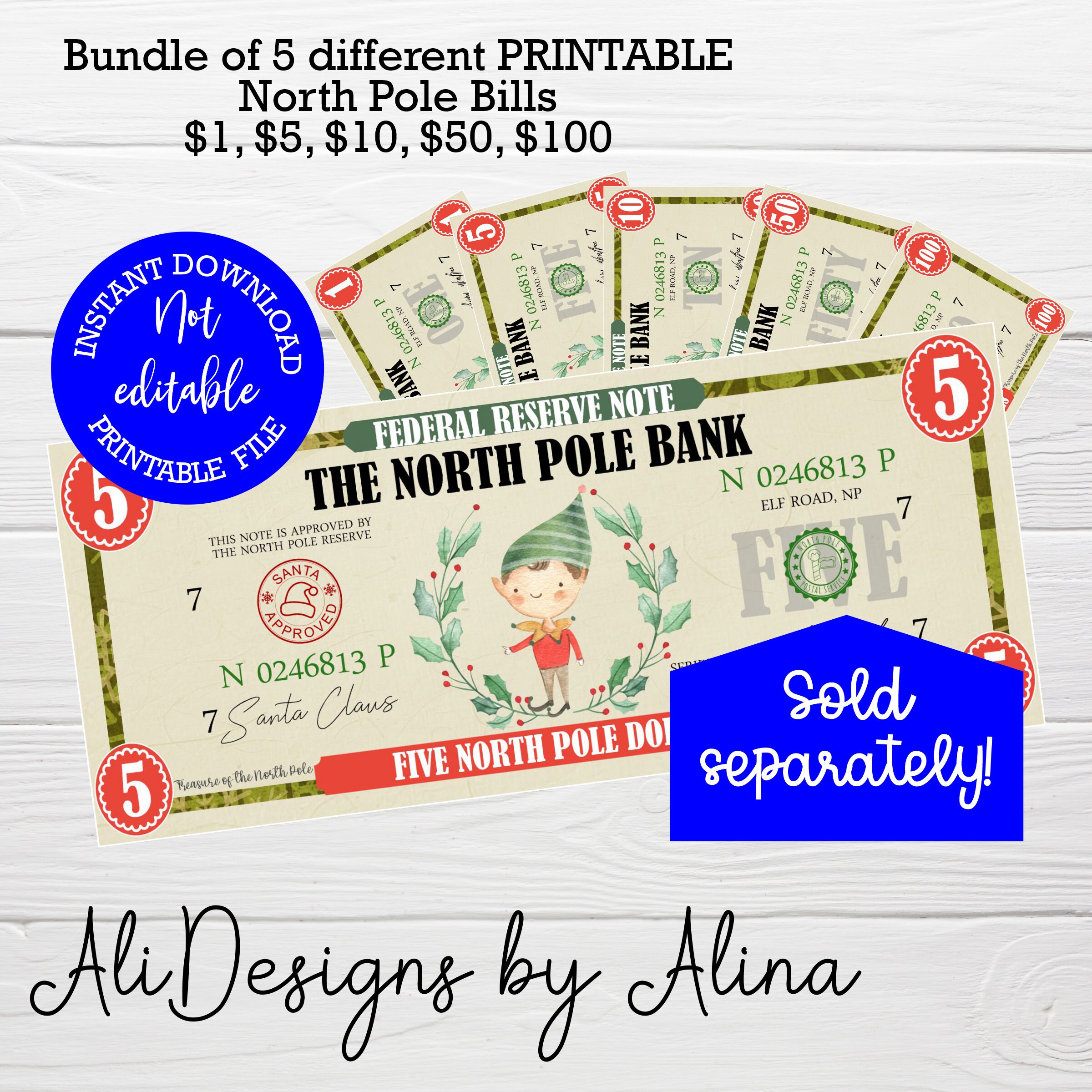Santa Money FIVE dollar bill PRINTABLE Elf dollars Holiday | Etsy