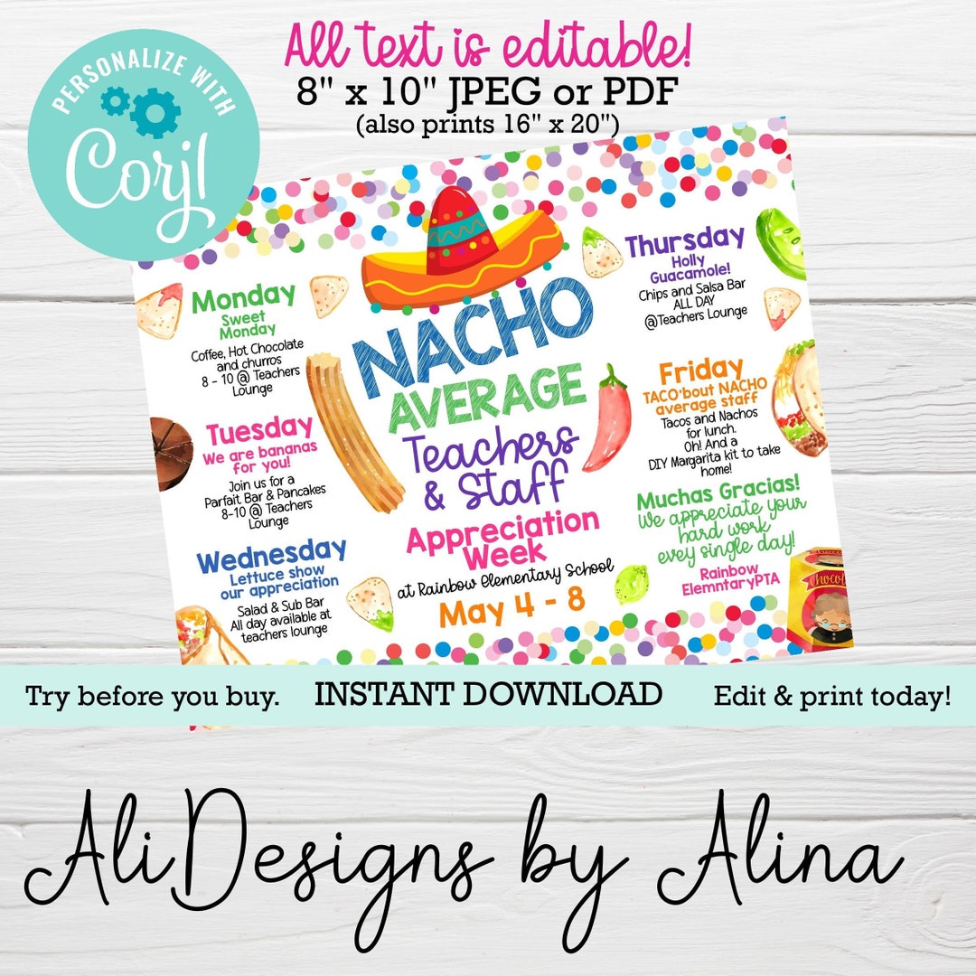 Nacho Average Teacher Week EDITABLE Calendar, Nacho Average Nurses ...