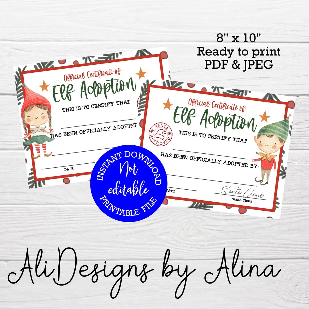 Elf Adoption Certificate PRINTABLE, Boy Elf, Girl Elf, Santa's Workshop ...