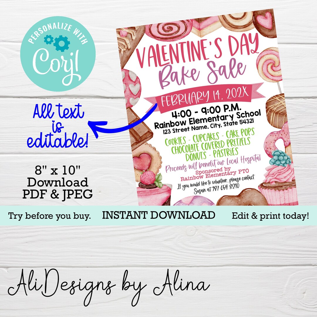 Valentine's Day Bake Sale Printable Flyer, EDITABLE Template, Valentine ...