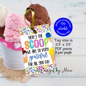 Here's the Scoop Ice Cream PRINTABLE Tags, Grateful for You Teacher ...
