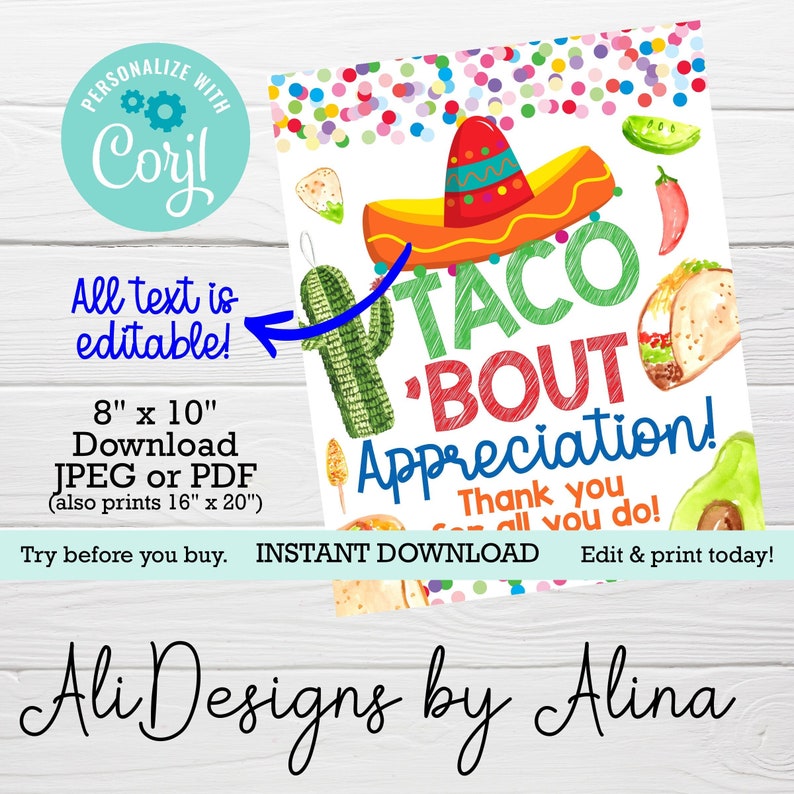 Taco Bout Appreciation EDITABLE Sign Printable Teacher and - Etsy