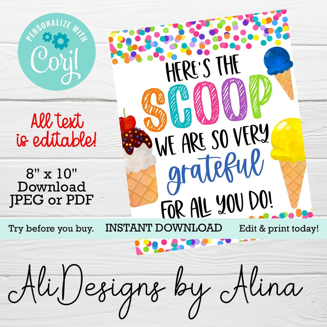 Here's the Scoop, Ice Cream Printable Sign, EDITABLE Template, Teacher ...