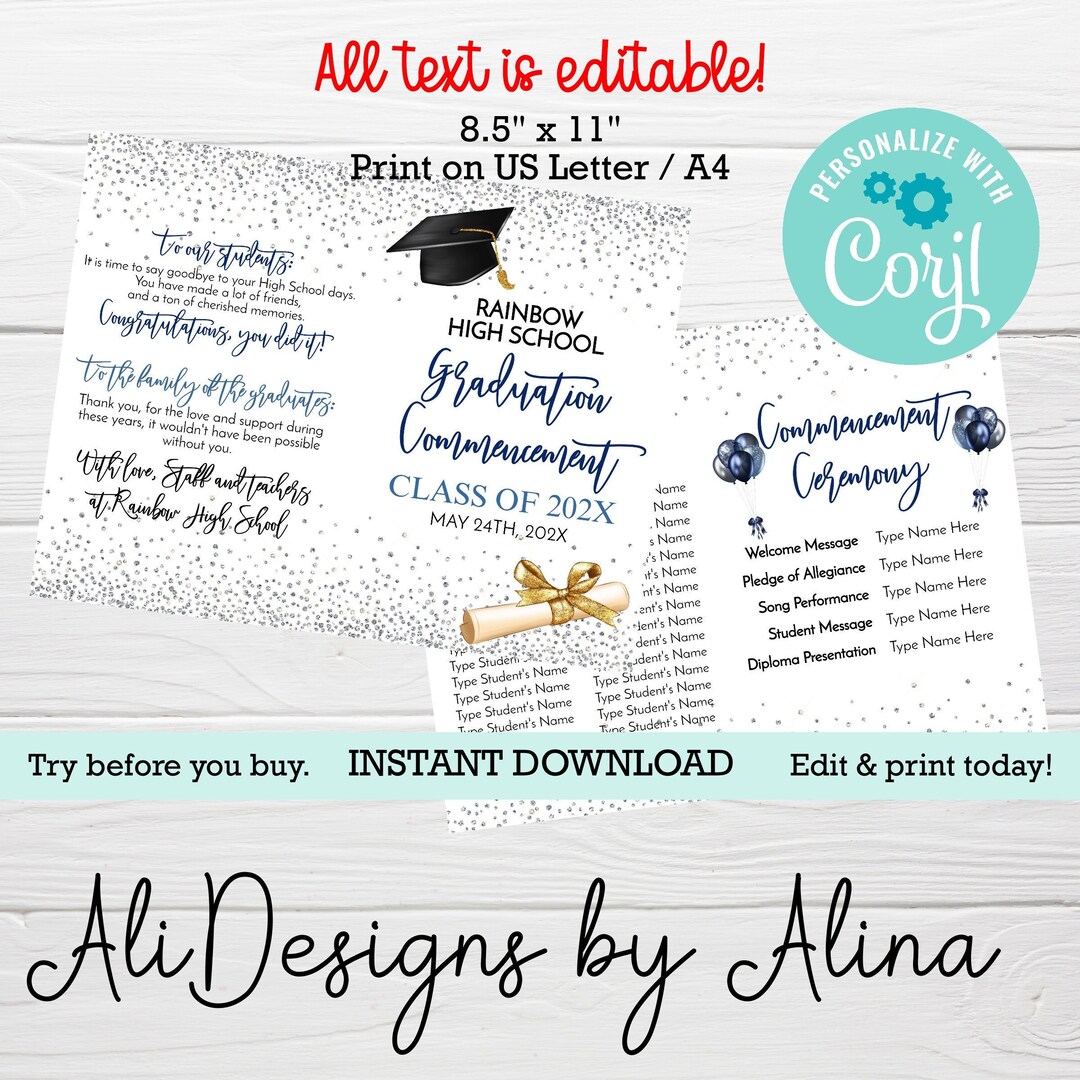 Graduation Ceremony Program, EDITABLE Commencement Template, College ...
