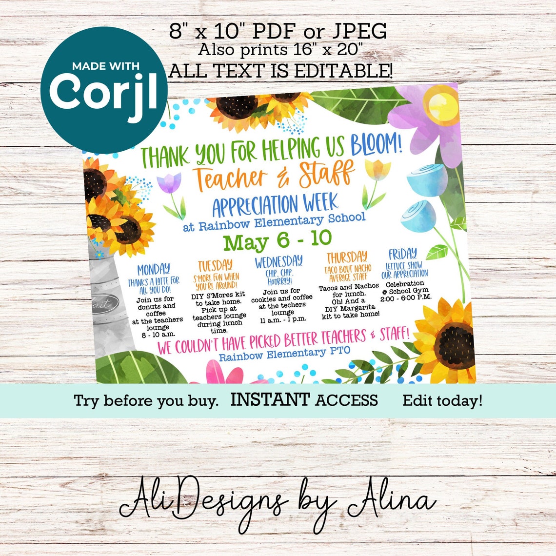 Teacher Staff Appreciation Week Itinerary BLOOM Flowers Theme, EDITABLE ...