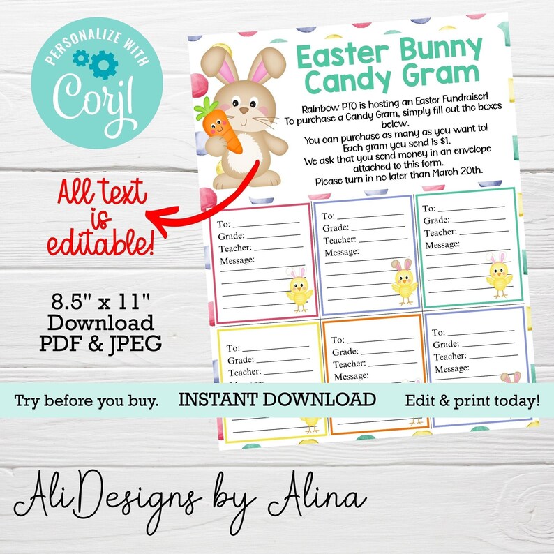Easter Bunny Candy Gram Printable Flyer PTA PTO Easter - Etsy