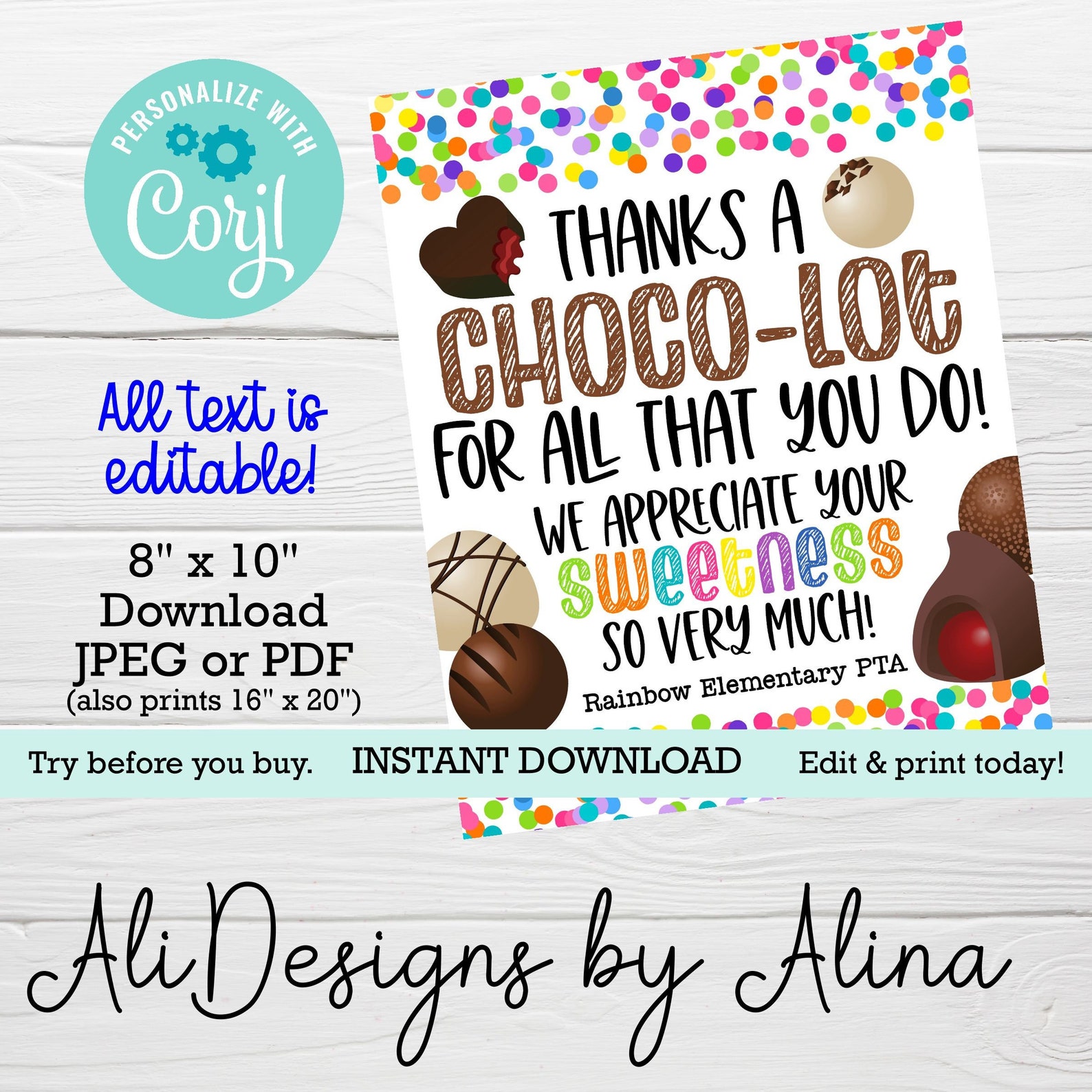 Thanks a Chocolot, Printable Sign, EDITABLE Template, Teacher Staff ...