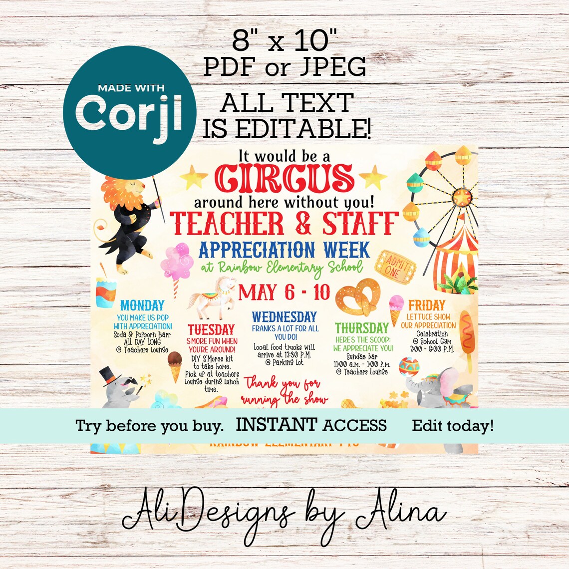 Circus Teacher Appreciation Calendar, Itinerary of Events, EDITABLE ...