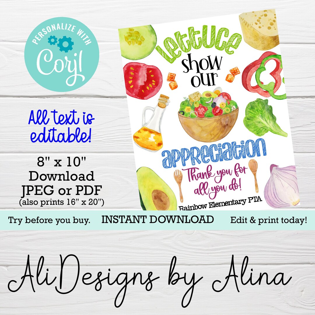 Lettuce Show Our Appreciation, EDITABLE Sign, Teacher Week, Nurses Day ...