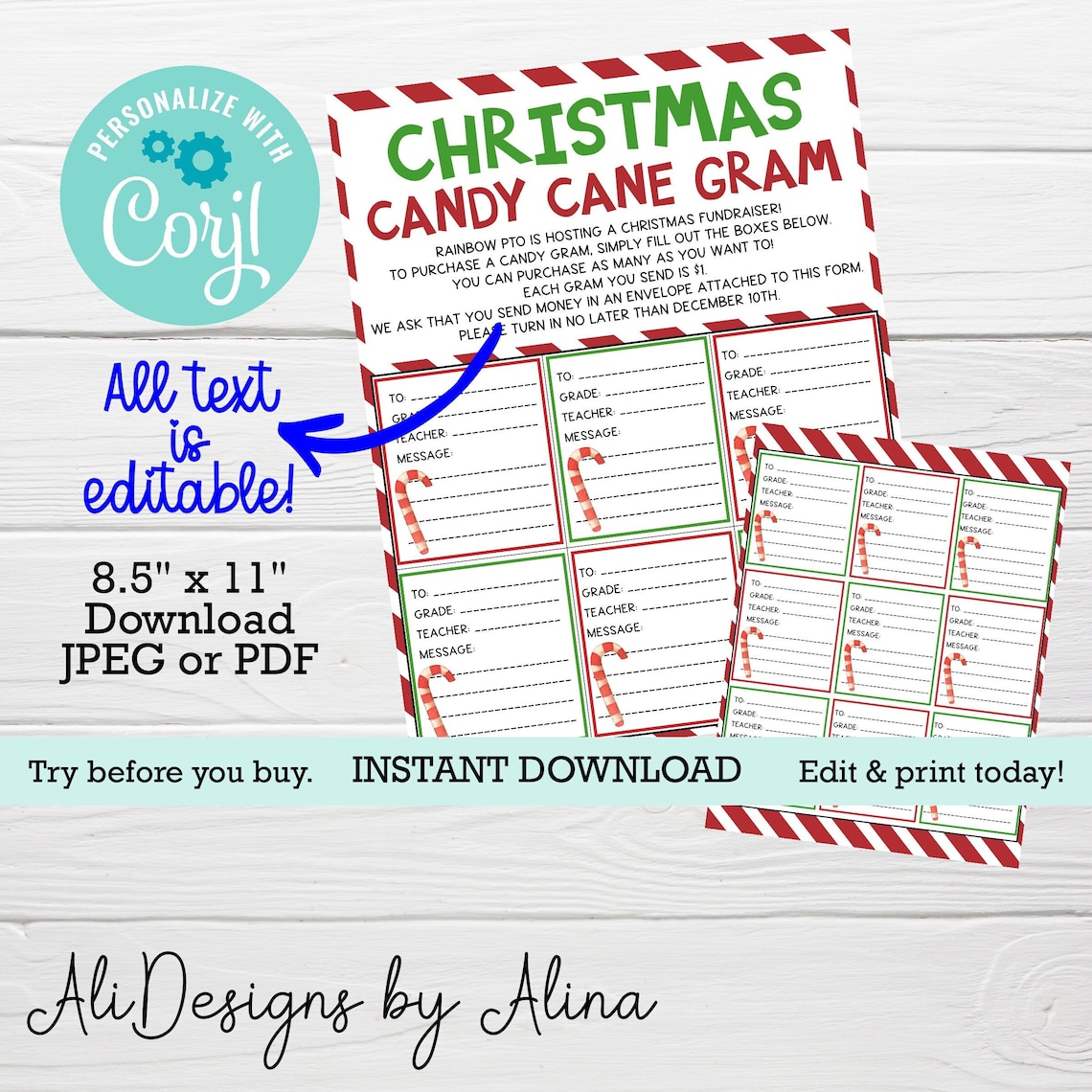 Christmas Candy Cane Gram Printable Flyer PTA PTO Christmas - Etsy
