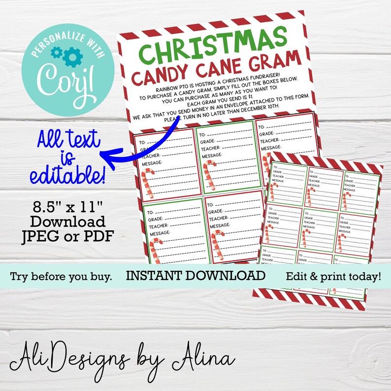 Christmas Candy Cane Gram, Printable Flyer, PTA PTO Christmas ...