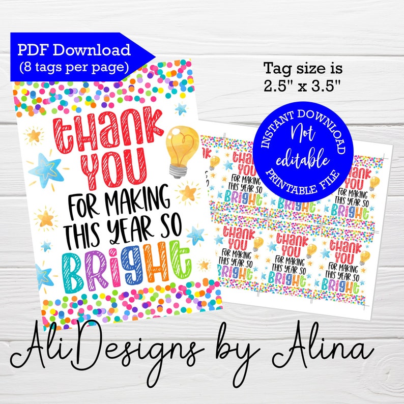 Thank You for Making This Year so Bright, Printable Tags, INSTANT ...