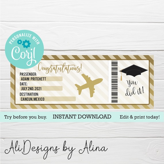 Boarding Pass Graduation Gift Travel Voucher EDITABLE | Etsy