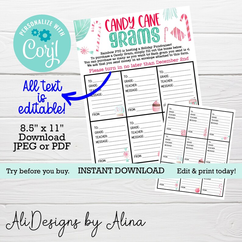 Candy Cane Grams Printable Flyer Christmas Candy Gram PTA - Etsy
