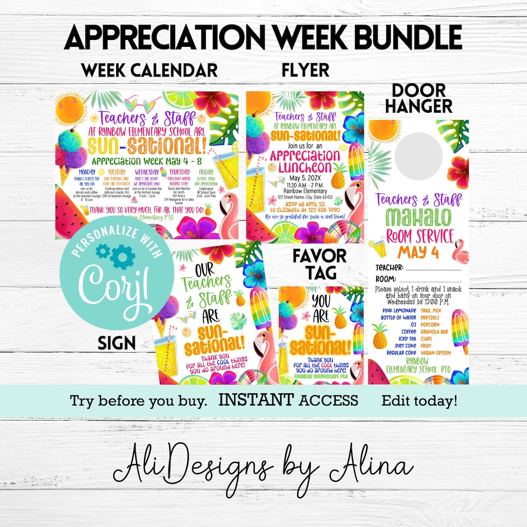 Sunsational Teacher Appreciation Week Bundle, Events Calendar, Room ...