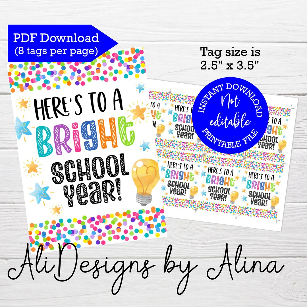 Here's to a Bright School Year, Printable Tags, INSTANT Download, Back ...