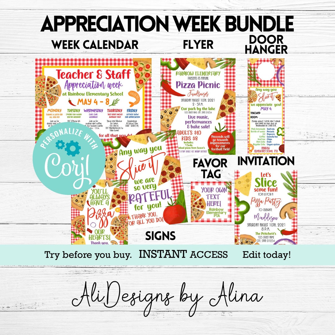 Pizza Theme Teacher Appreciation Week Calendar, Room Service Form ...