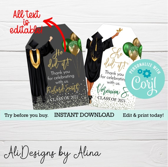 Green and Gold Graduation Party EDITABLE Favor Tags Labels - Etsy
