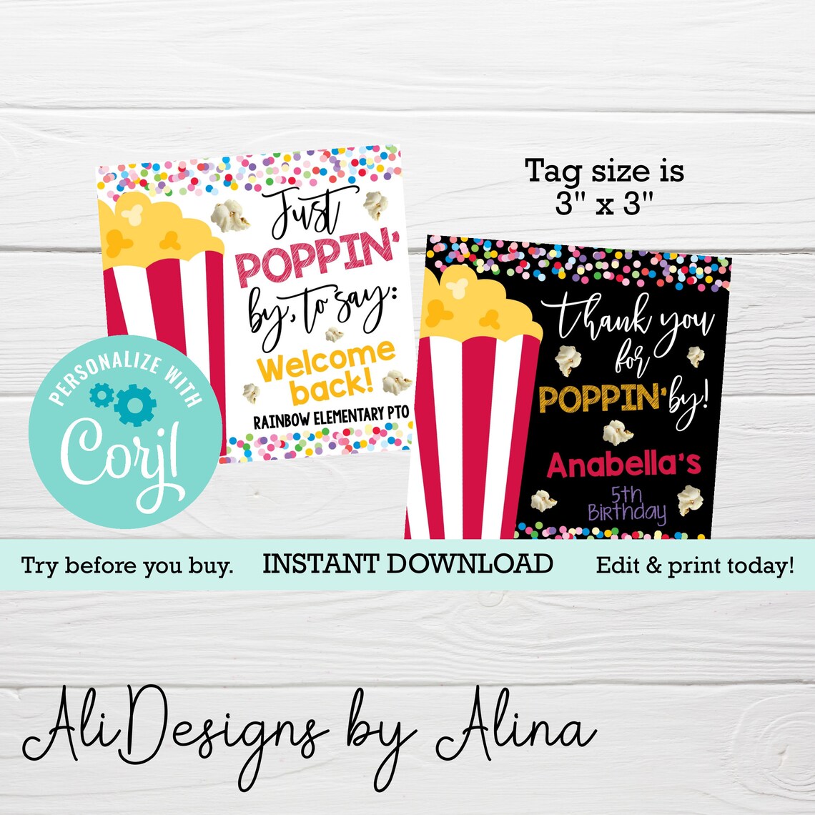 Popcorn favor tag Printable gift tag EDITABLE template | Etsy